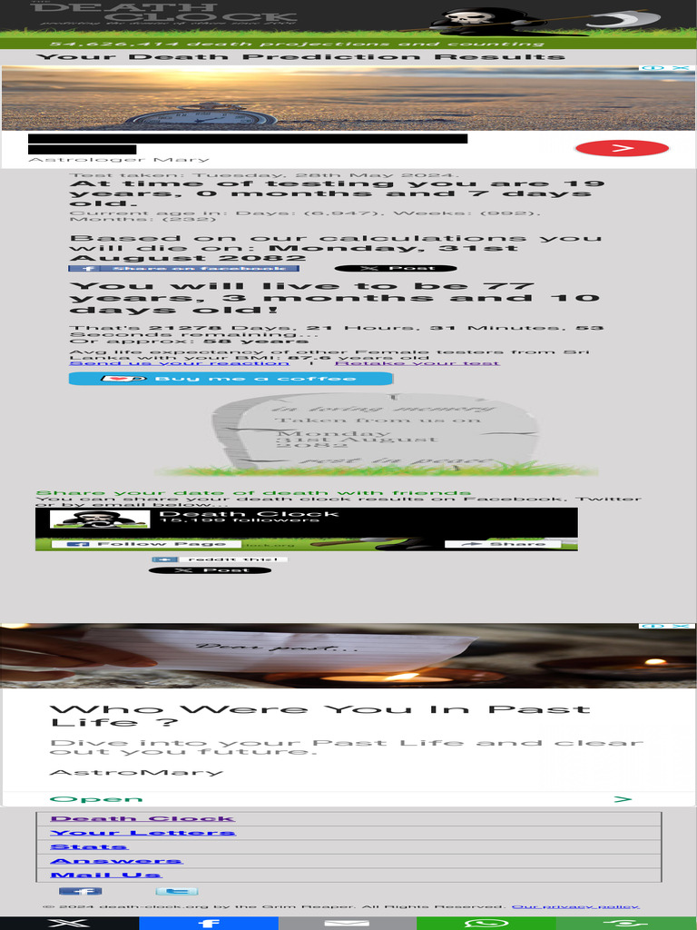 Your Death Clock Calculator Results Death-Clock | PDF