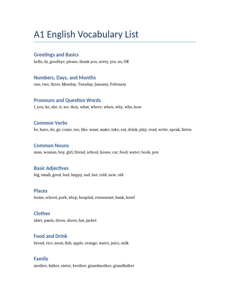 A1 English Vocabulary List | PDF