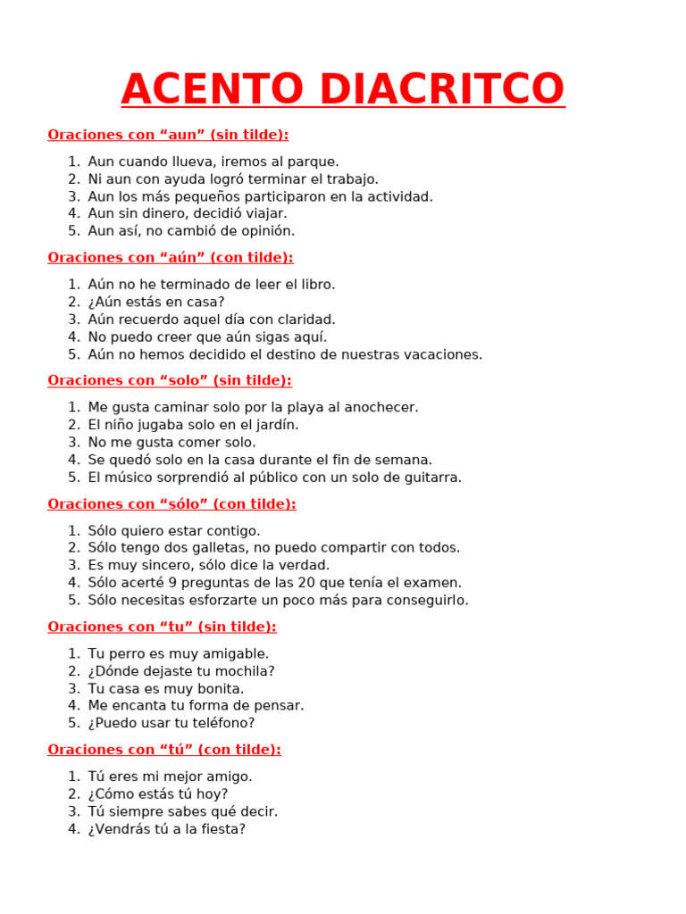 Acento Diacrítico en Oraciones | PDF