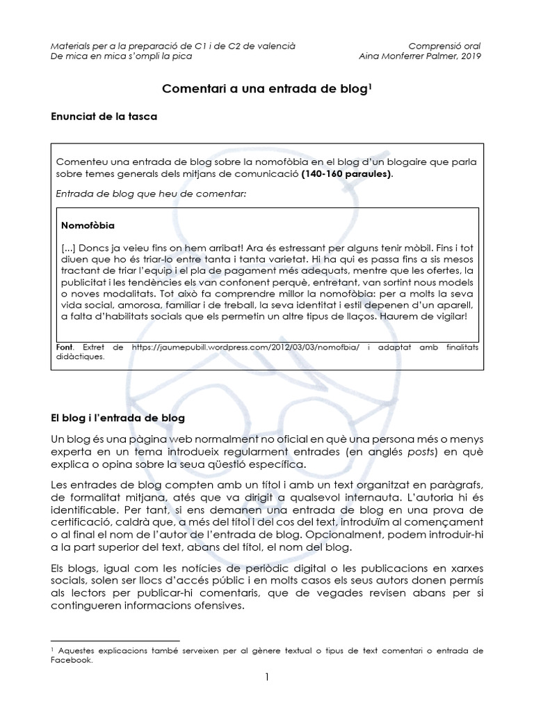 Comentari A Una Entrada de Blog: Enunciat de La Tasca | PDF