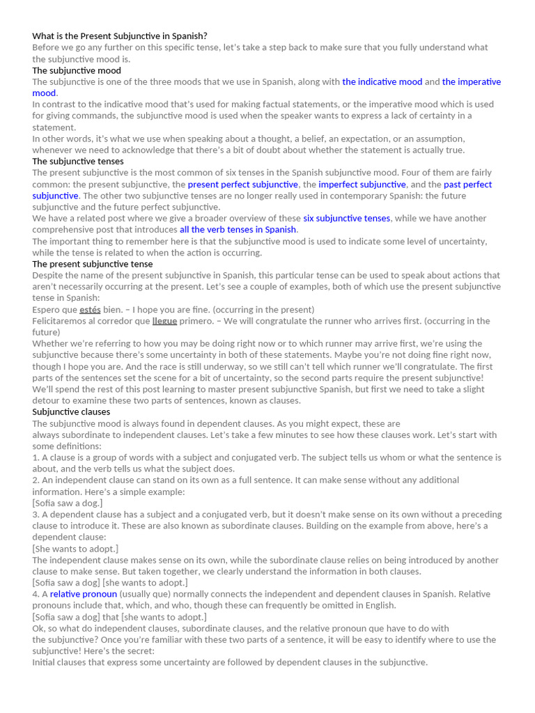 Present Subjunctive in Spanish | PDF | Grammatical Tense | Clause