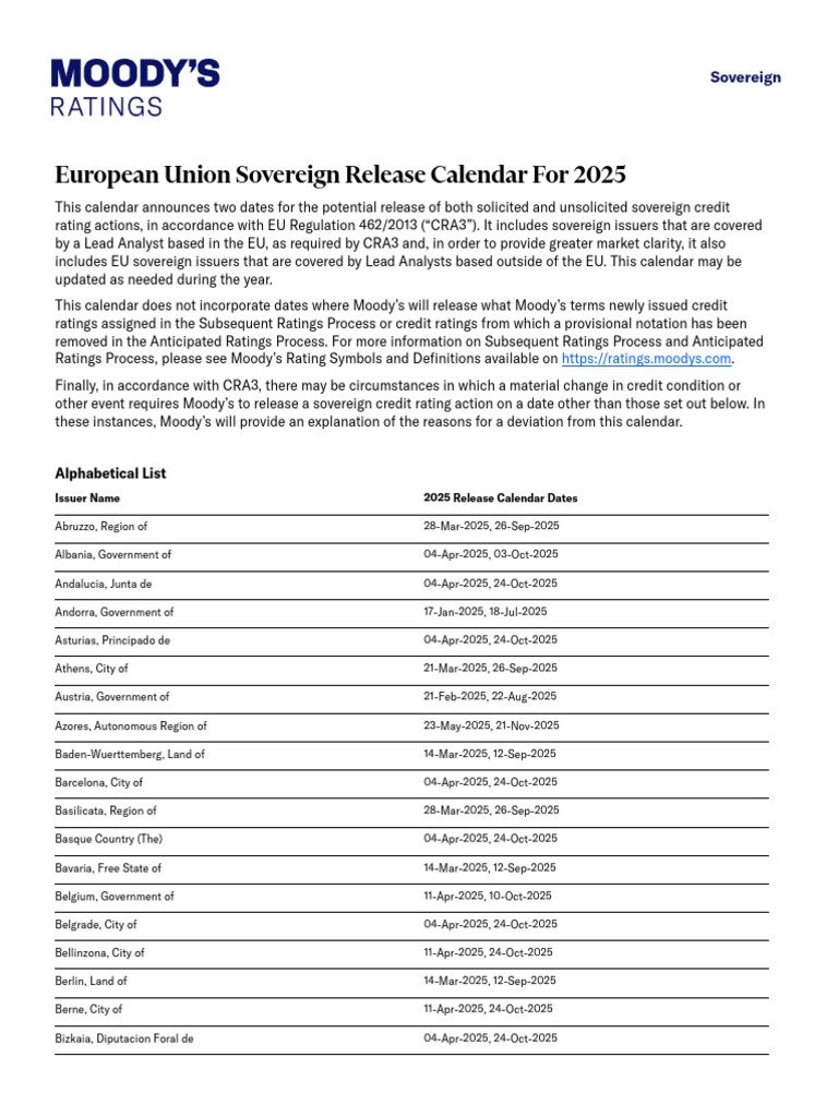 EU Sovereign Rating Release Calendar 2025 | PDF | Securities (Finance ...