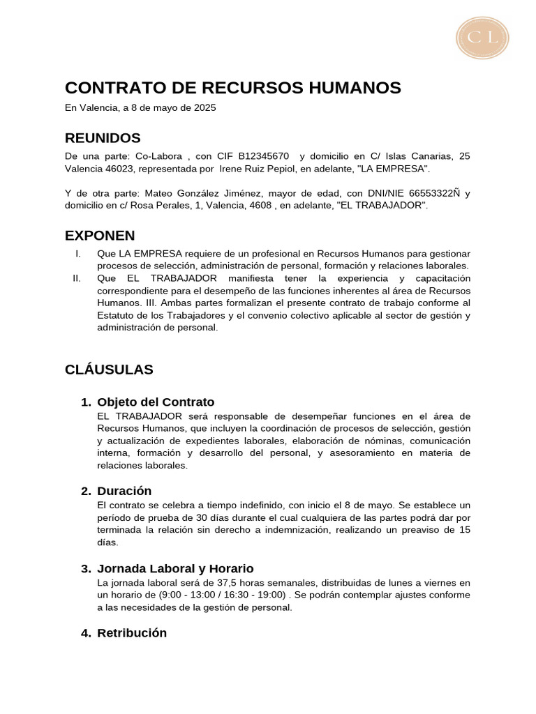 Contrato De Rr Hh Pdf Derecho Laboral Gestión De Recursos Humanos