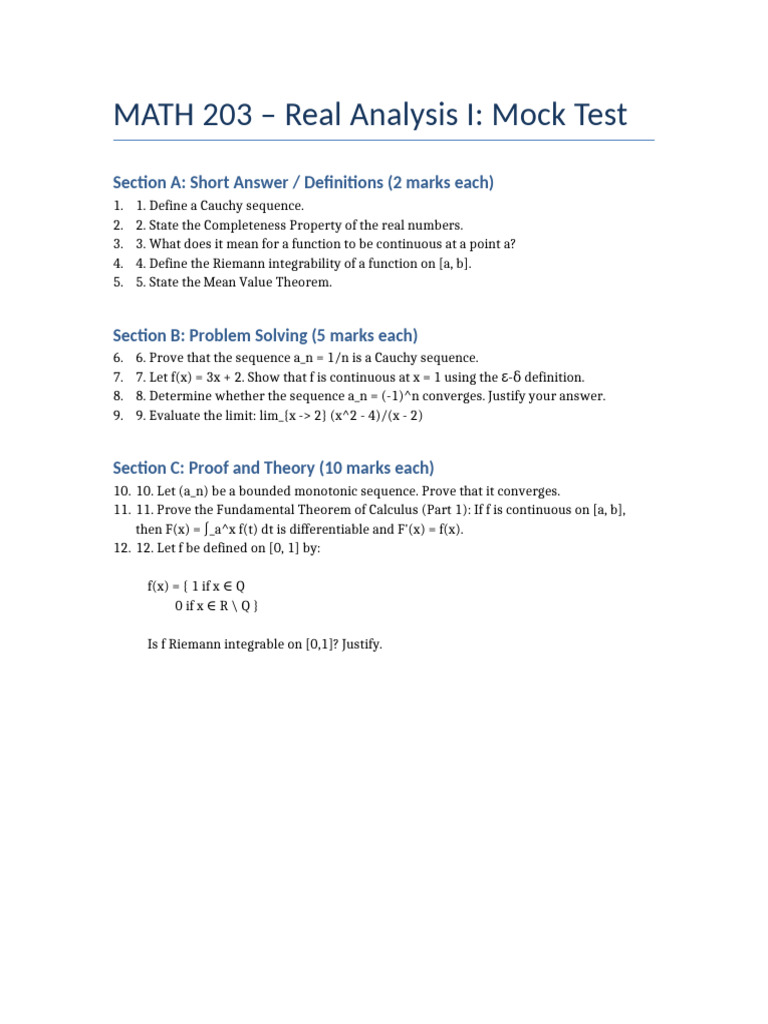 MATH 203 Real Analysis I Mock Test | PDF