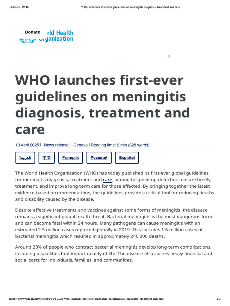 WHO Launches First-Ever Guidelines On Meningitis Diagnosis, Treatment and Care | PDF ...