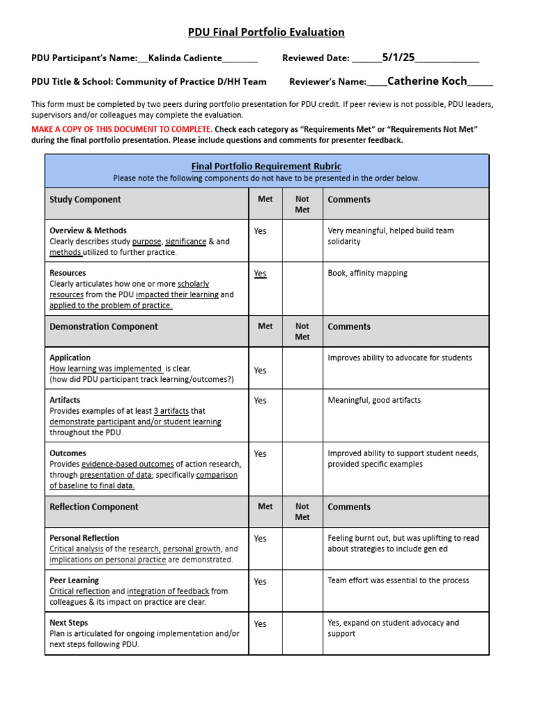 Kalinda C PDU Final Portfolio Peer Evaluation Rubric | PDF | Peer ...