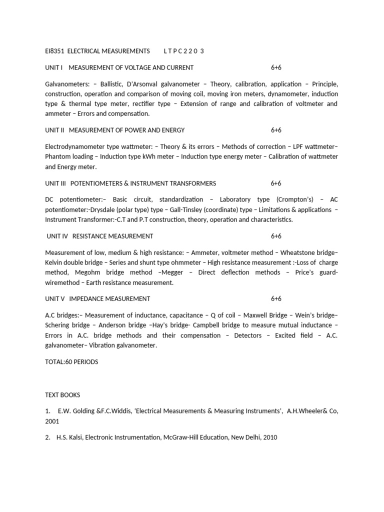 EI8351 - ELECTRICAL MEASUREMENTS - Syll | PDF | Electricity | Physical Quantities