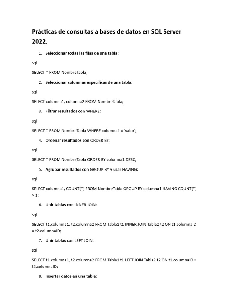 Prácticas de Consultas A Bases de Datos en SQL Server 2022 - 120631 | PDF | SQL | Programación ...