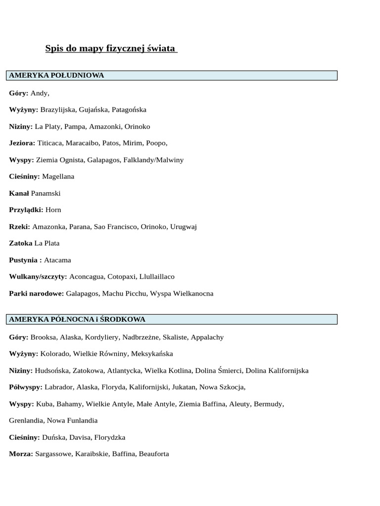 Mapa Fizyczna Świata. Spis | PDF