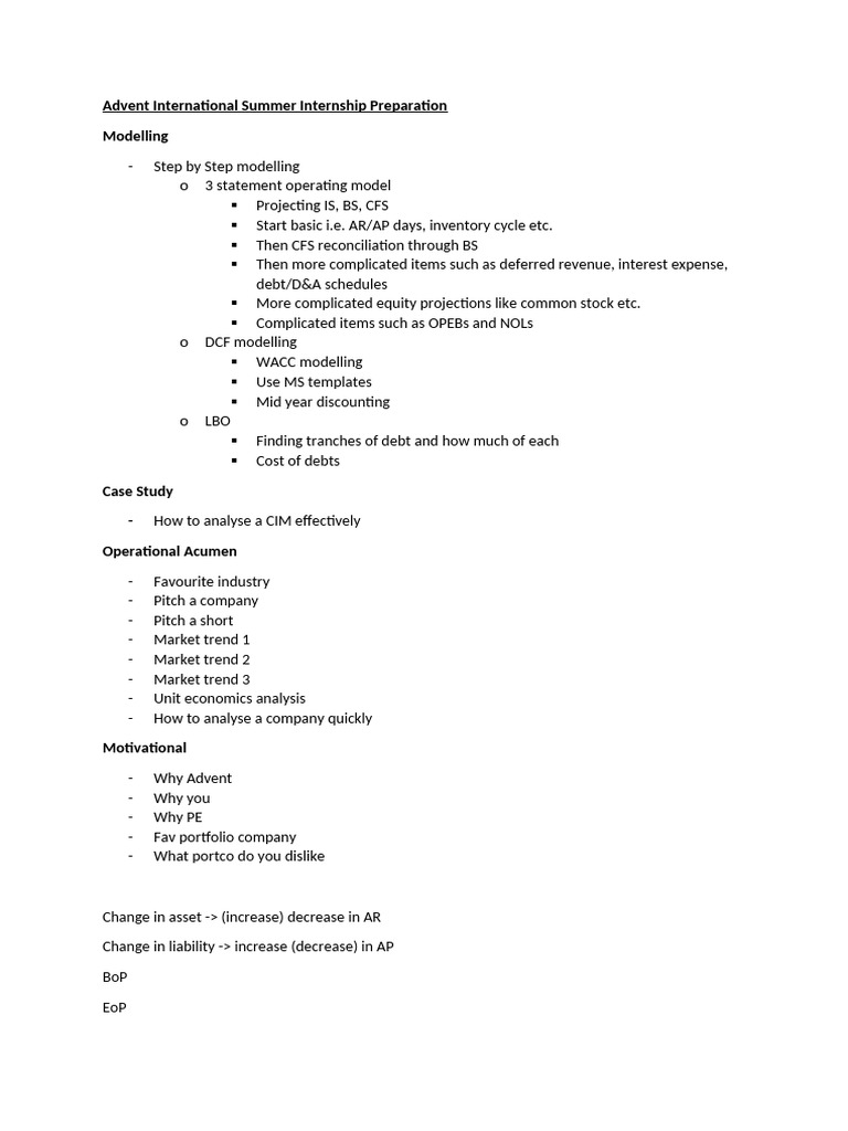 Advent International Summer Internship Preparation | PDF