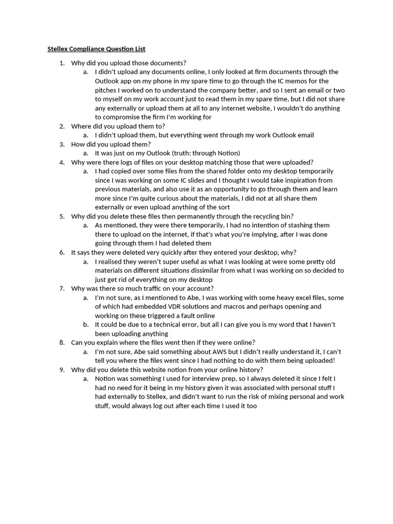 Stellex Compliance Question List | PDF | Microsoft Outlook | Software