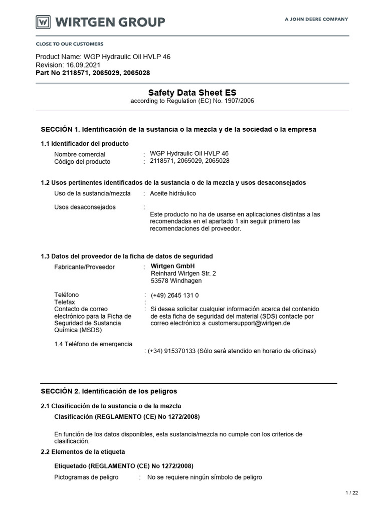 WGP Hydraulic Oil HVLP 46 Es | PDF | Agua | Higiene Ocupacional