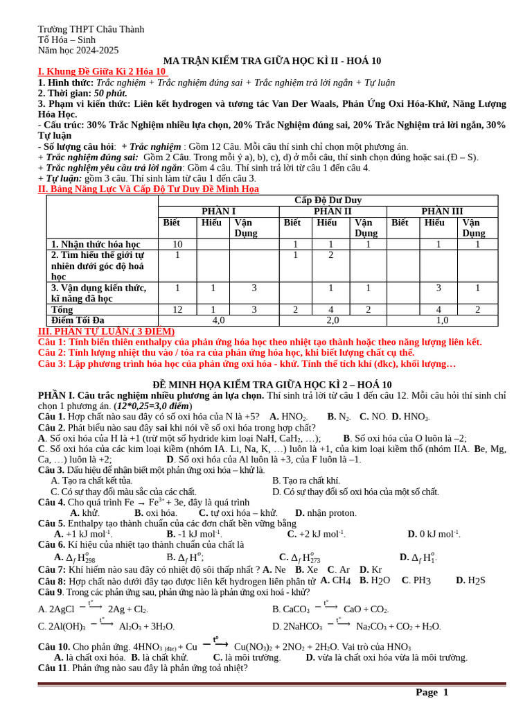 MA TRẬN Hóa 10 Giữa Kì 2 2024 2025 sua lan 1 | PDF