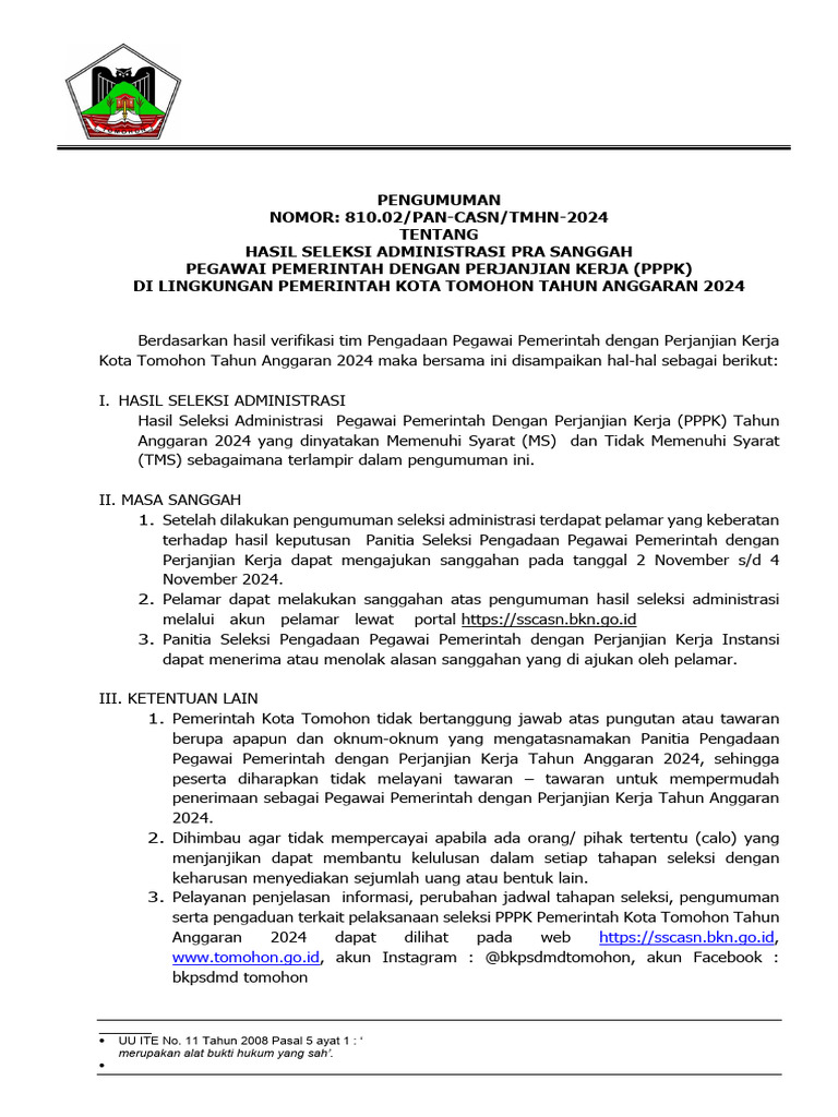 Hasil Seleksi Administrasi Pra Sanggah Pppk Kota Tomohon Tahun 2024 | PDF