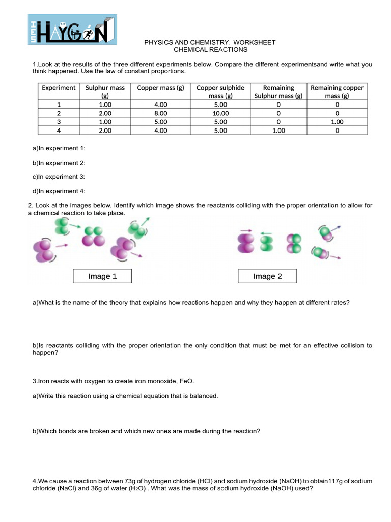 Worksheet Chemical Reactions | PDF | Chemical Reactions | Sodium Hydroxide