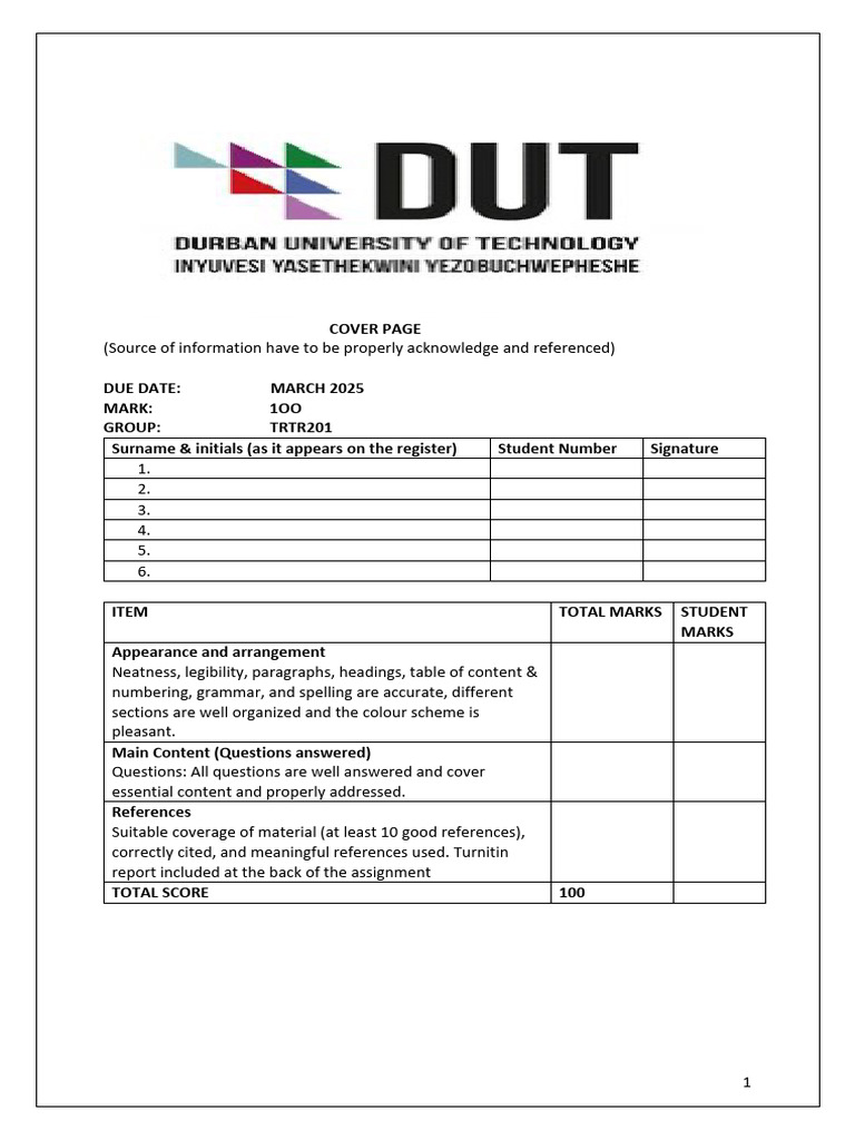 TRTR 201 Assignment Cover Page | PDF