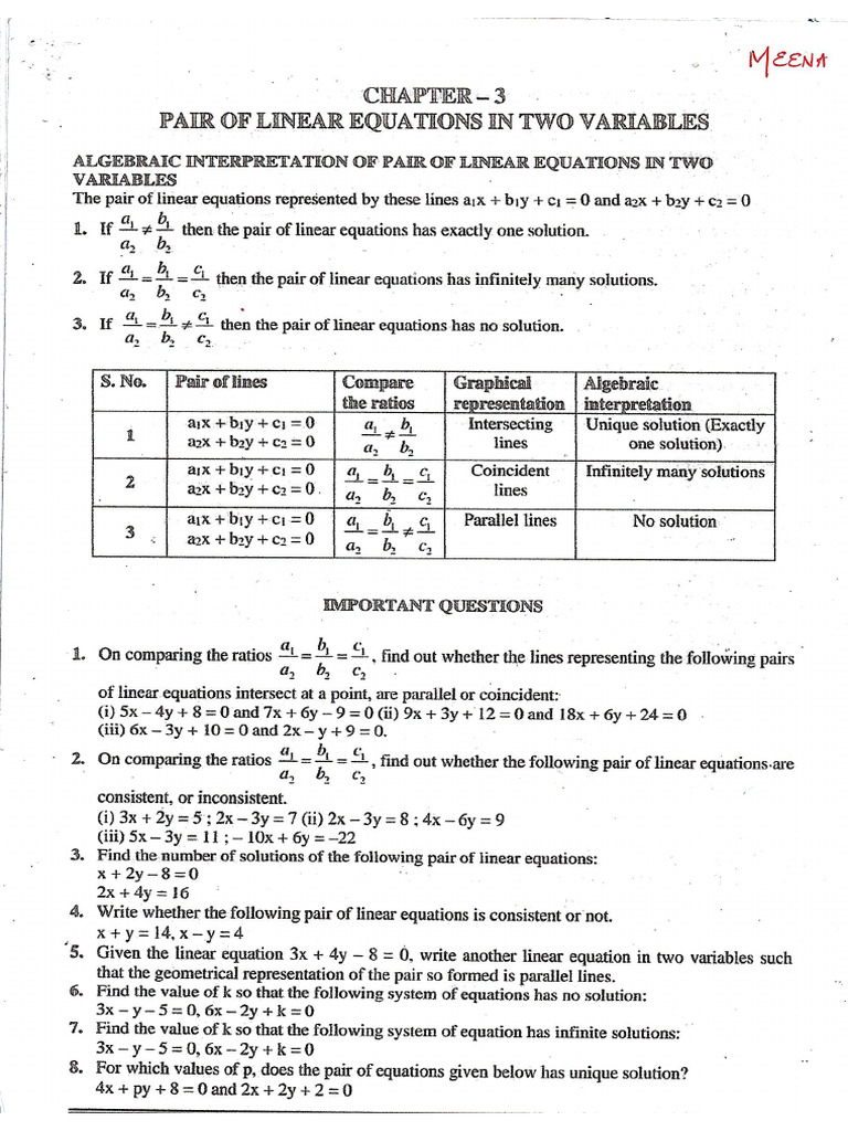 3. Linear equation in two variables important questions and answers | PDF