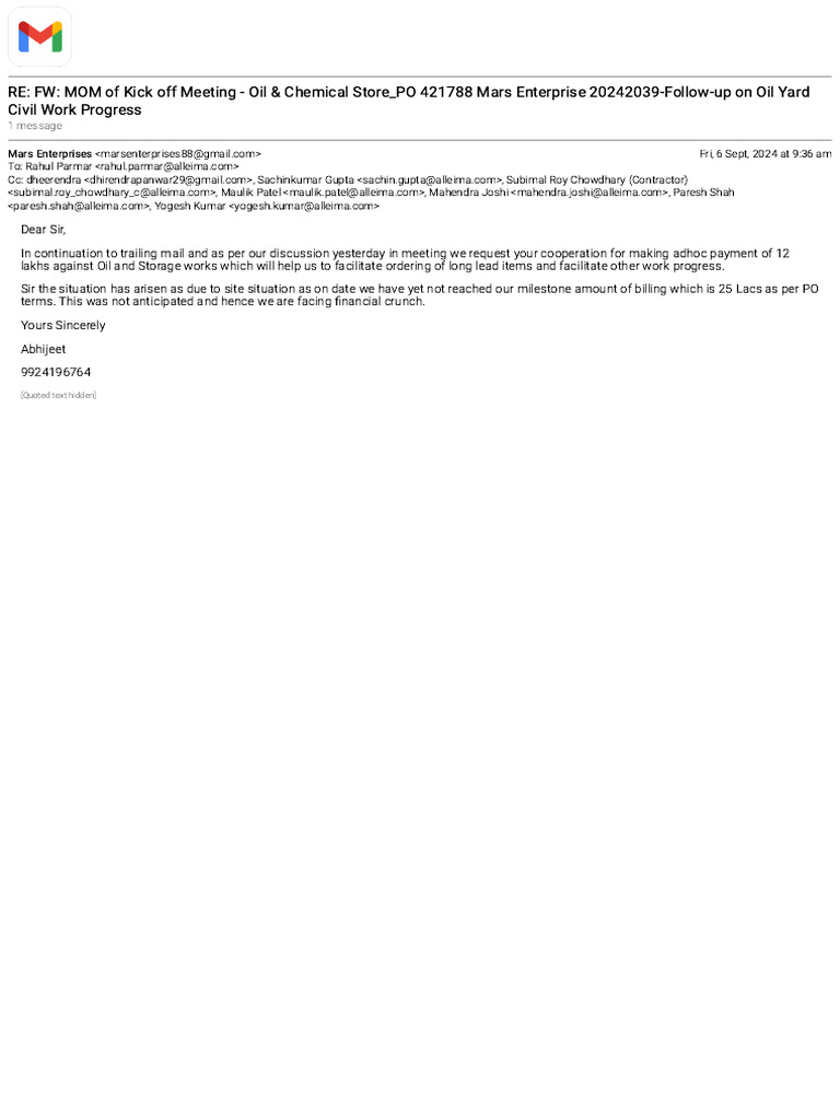 Gmail - RE - FW - MOM of Kick Off Meeting - Oil & Chemical Store - PO 421788 Mars Enterprise ...