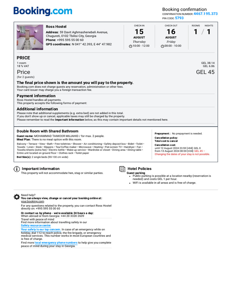 Booking Confirmation | PDF | Fee