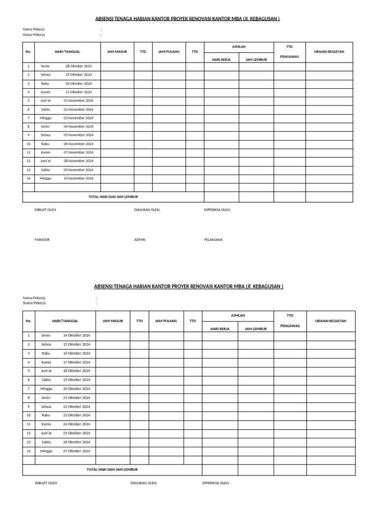 Absensi Harian Pekerja Proyek Bangunan | PDF