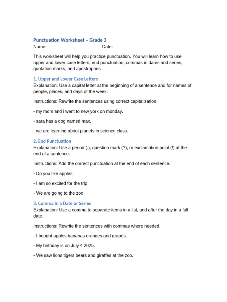 Punctuation Worksheet Grade 3 | PDF