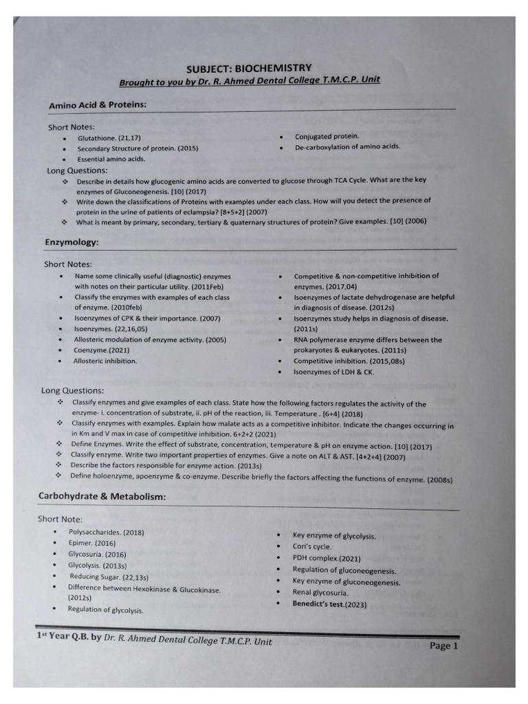 Biochemistry Pyq | PDF