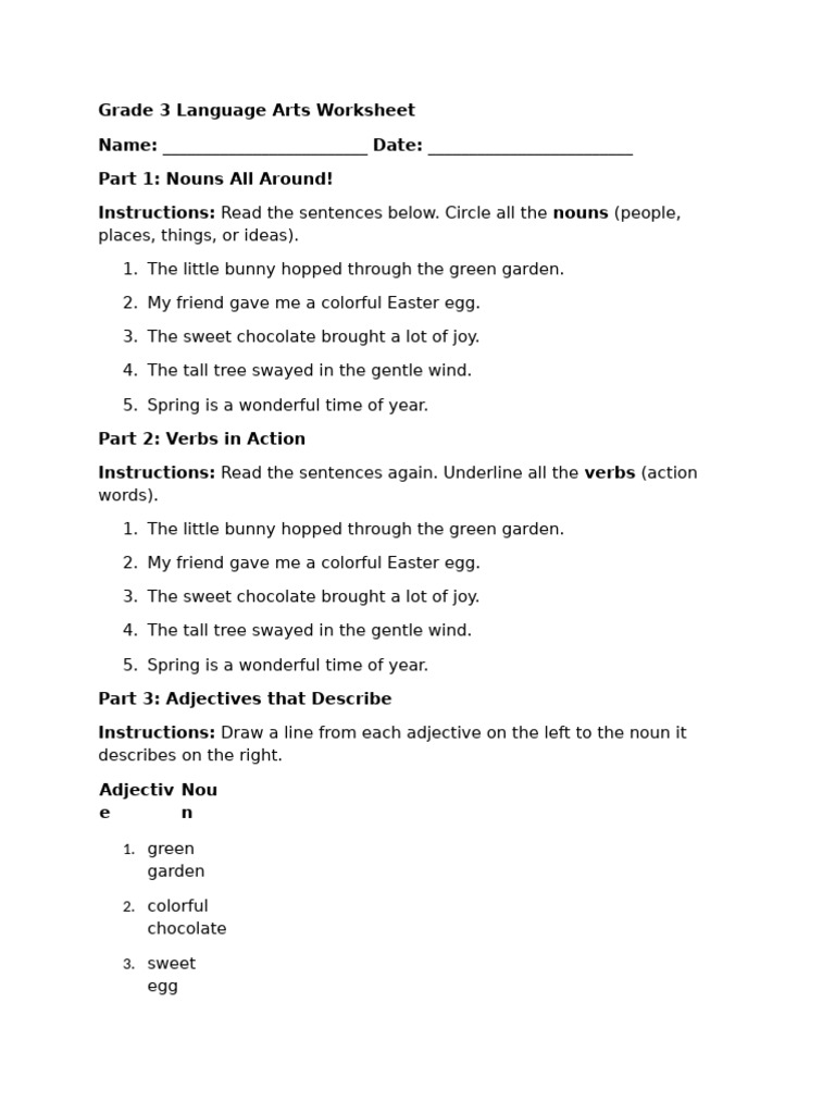 Grade 3 Language Arts Worksheet | PDF