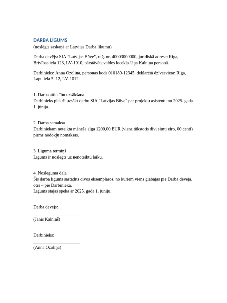 Darba Ligums Piemers | PDF