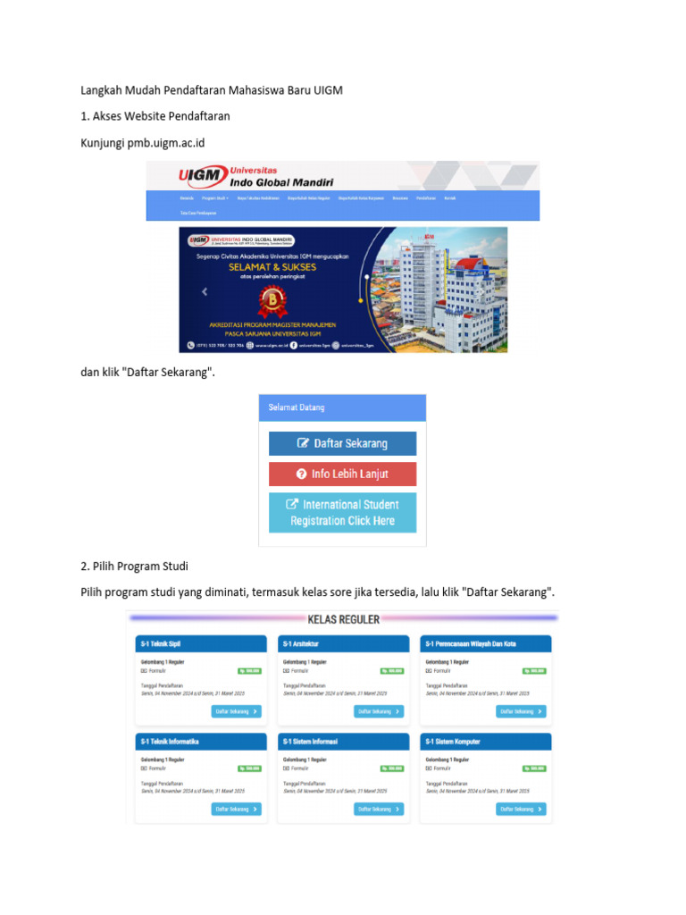 Langkah Mudah Pendaftaran Mahasiswa Baru UIGM | PDF