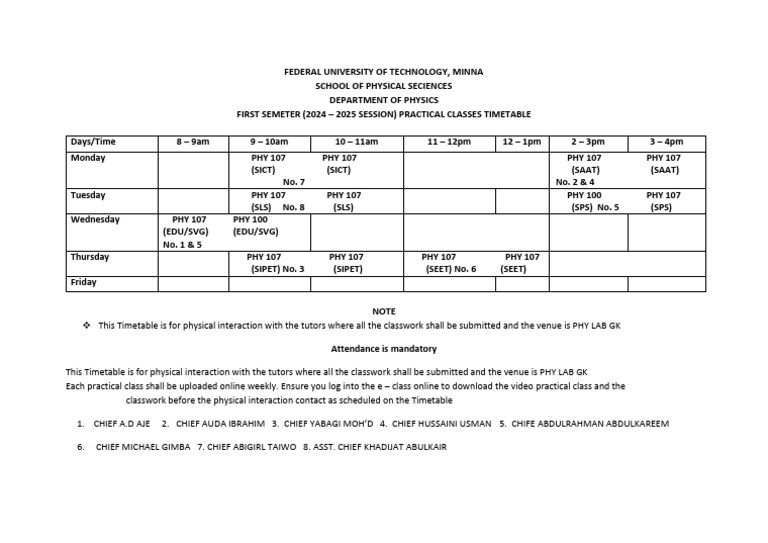 Phy107 Practical Class Timetable | PDF