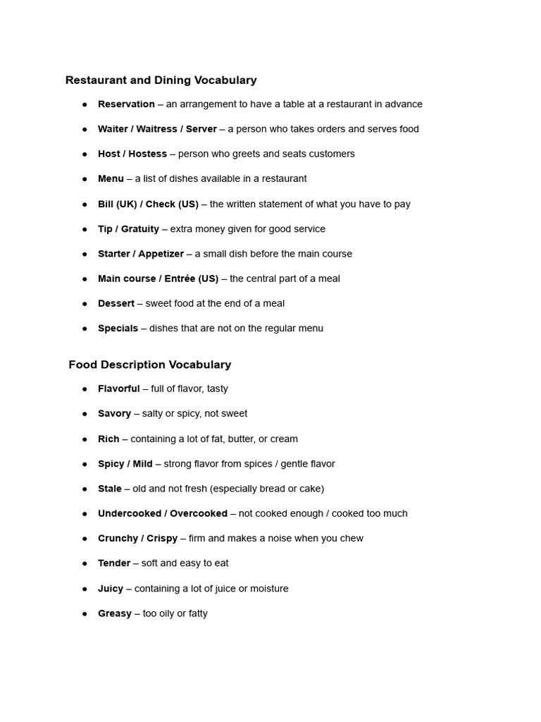 Essential Restaurant Vocabulary Guide | PDF | Tourism | Plants