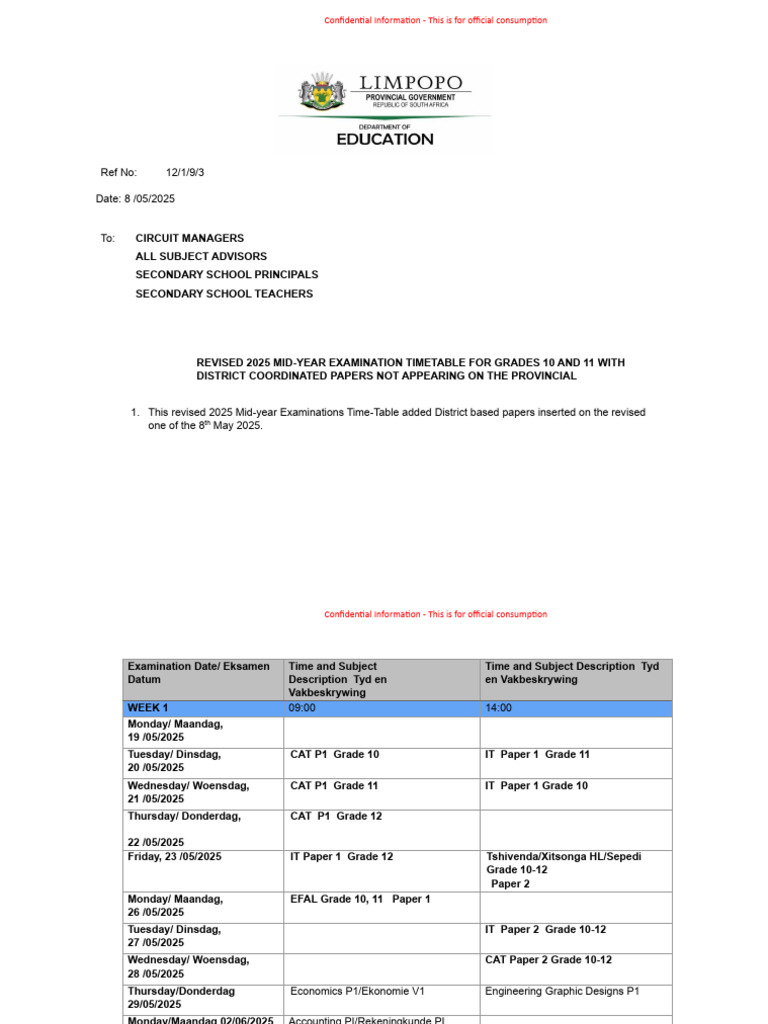 2025 Mid-Year Exam Timetable for Grades 10-11 | PDF