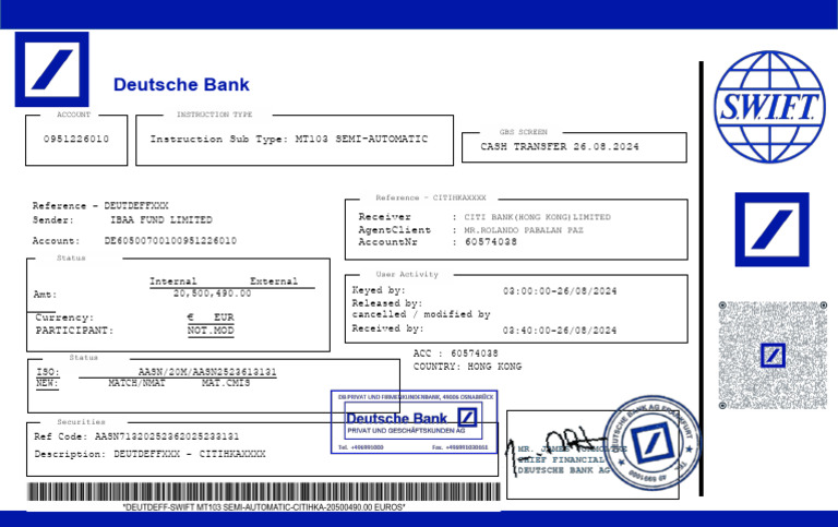 Deutsche Bank Cash Transfer Details | PDF