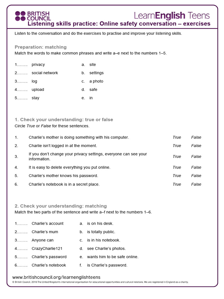 Online Safety Conversation - Exercises | PDF