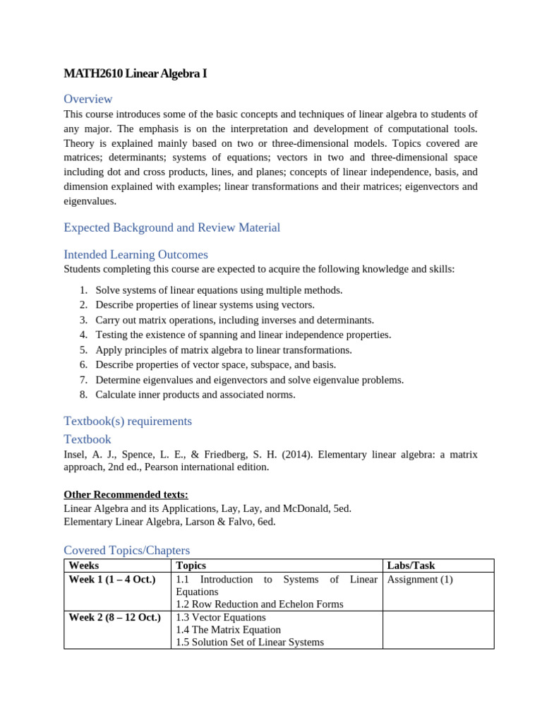 Linear Algebra I Course Overview | PDF | Eigenvalues And Eigenvectors ...
