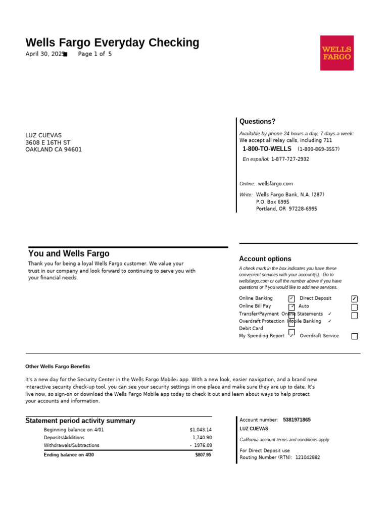 Wells Fargo Statement April 2025 | PDF | Wells Fargo | Banks