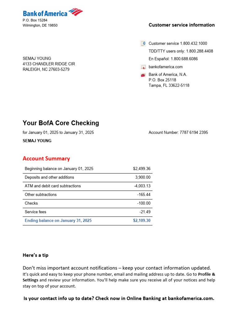 Bank of America Bank Statement January | PDF