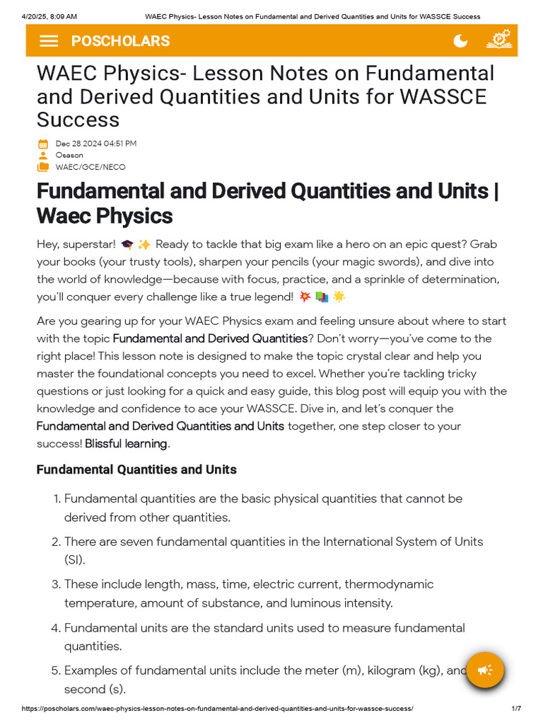 WAEC Physics - Lesson Notes On Fundamental and Derived Quantities and ...