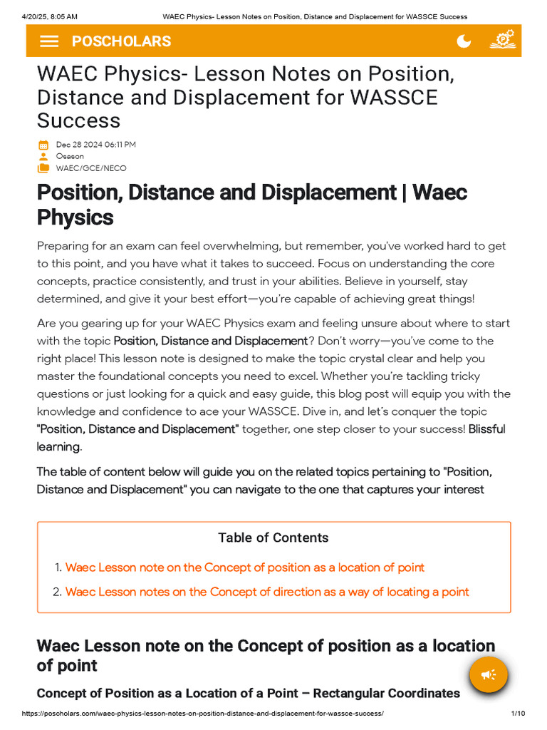 WAEC Physics - Lesson Notes On Position, Distance and Displacement For ...