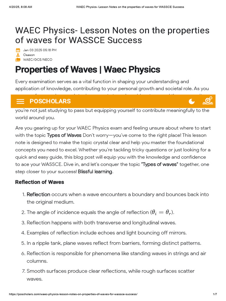 WAEC Physics- Lesson Notes on the Properties of Waves for WASSCE ...