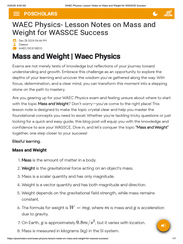 WAEC Physics - Lesson Notes On Mass and Weight For WASSCE Success | PDF ...