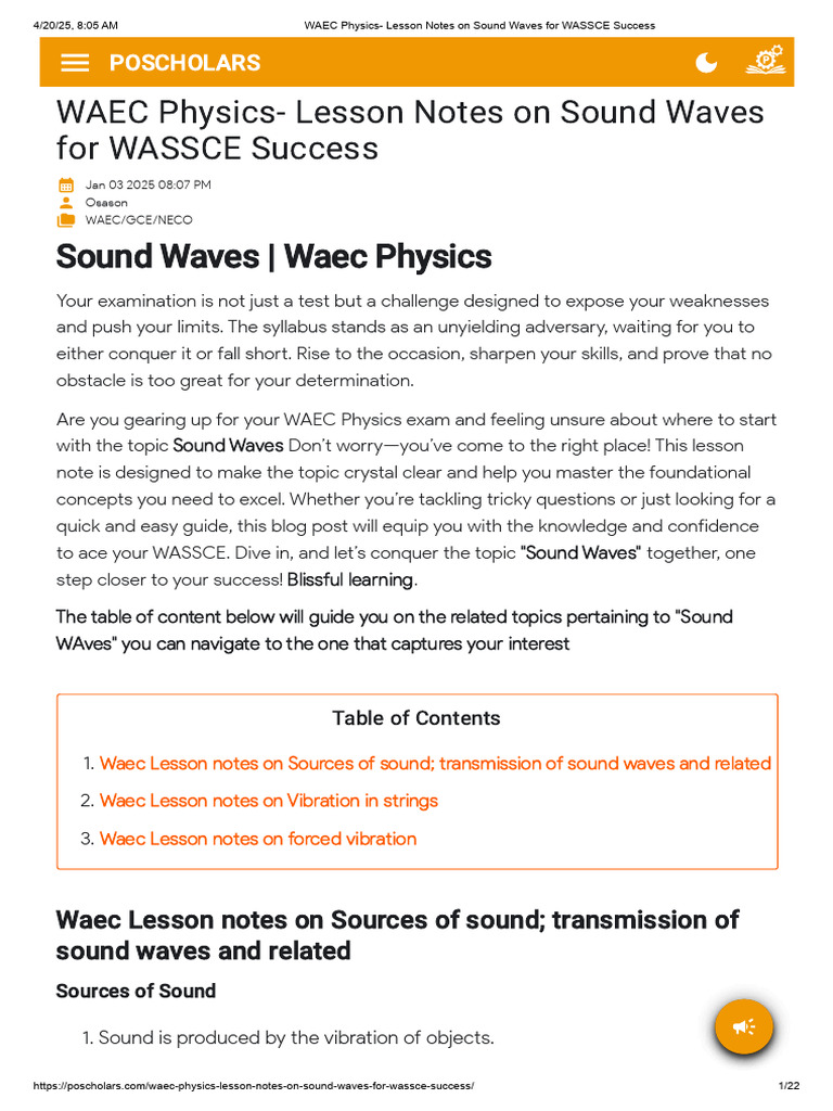 WAEC Sound Waves Study Guide | PDF | Harmonic | String Instruments