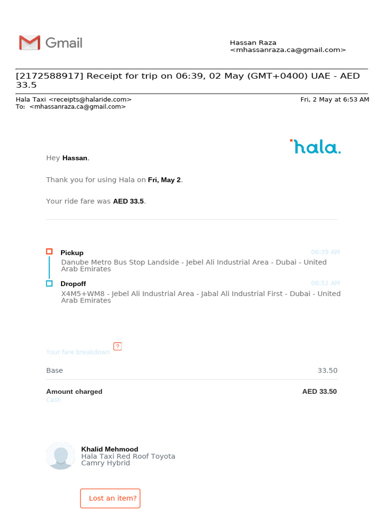 (2166920508) Receipt For Trip On 06-39, 24 April (GMT+0400) UAE - AED ...