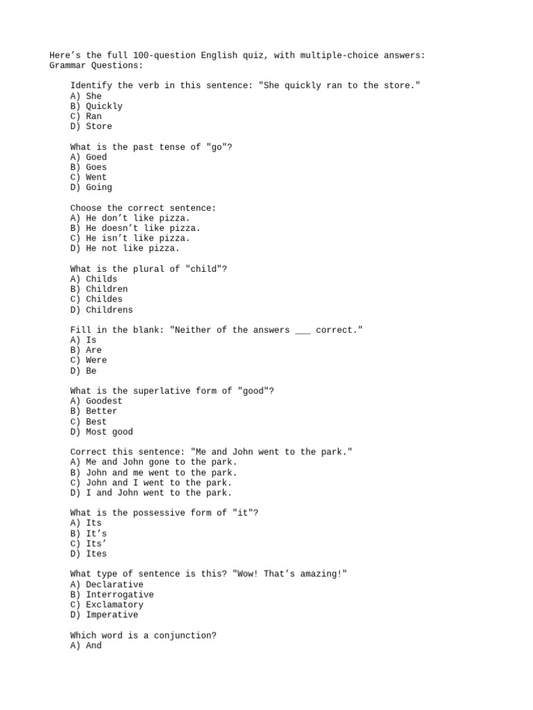 Here S The Full 100 Question | PDF | Part Of Speech | Adverb