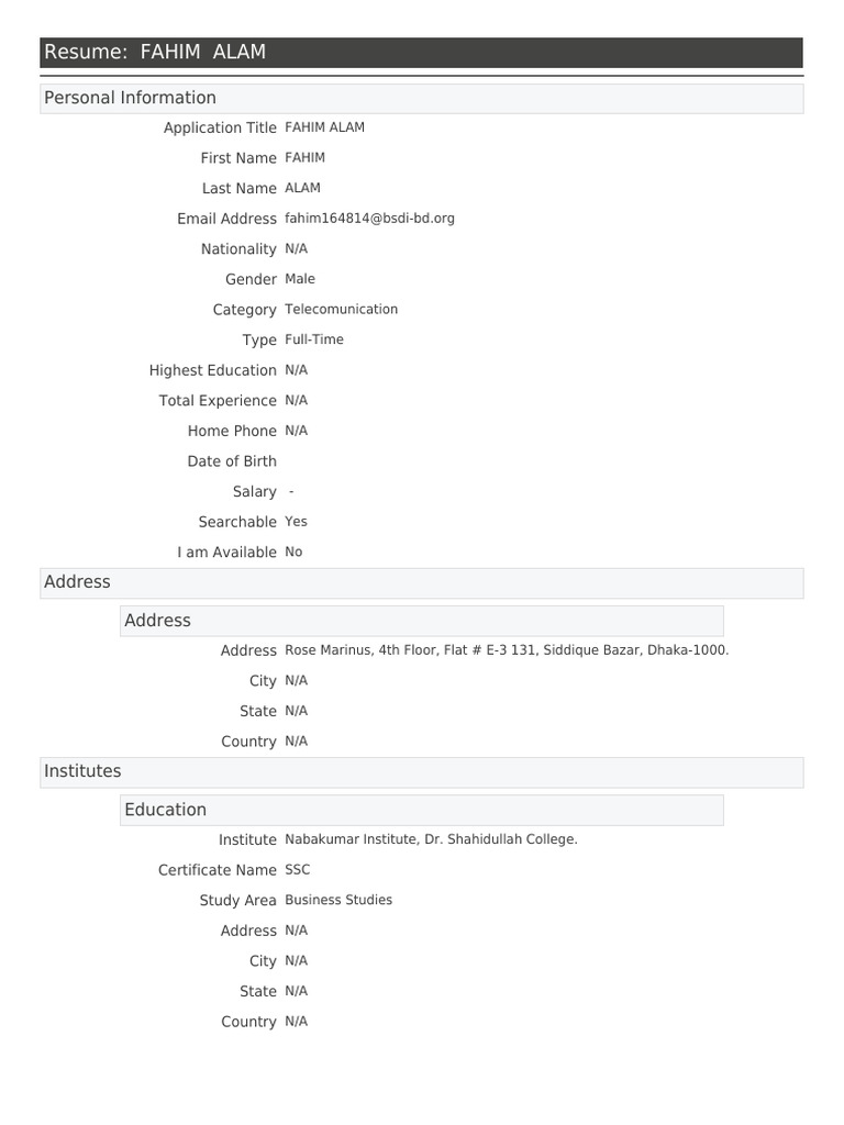 Resume: Fahim Alam: Personal Information | PDF