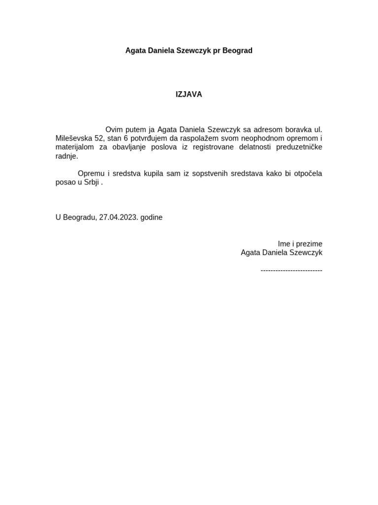 Izjava o Opremi | PDF