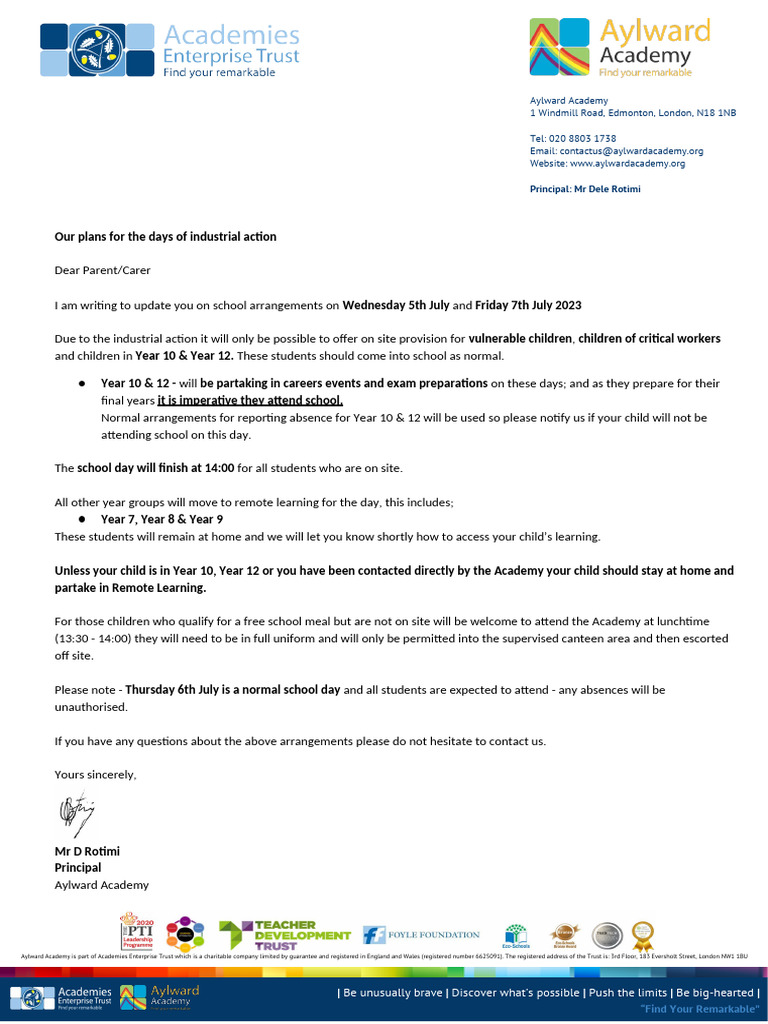 Strike Arrangements 5th and 7th July 2023 - Parent Letter | PDF