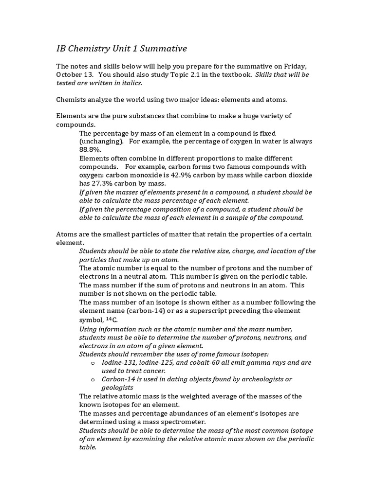 IB Chemistry Unit 1 Review Guide | PDF | Chemical Elements | Atoms