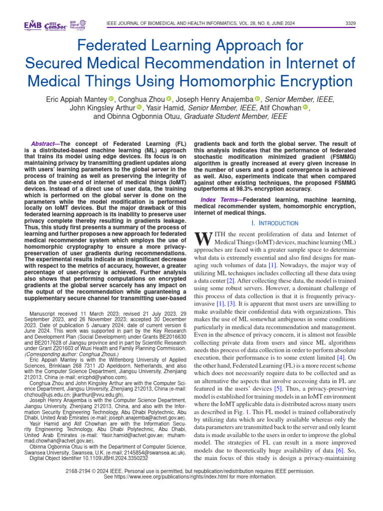 Federated Learning Approach For Secured Medical Recommendation in Internet of Medical Things ...