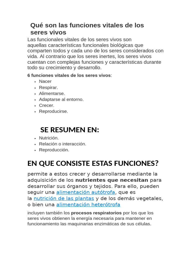 Qué Son Las Funciones Vitales de Los Seres Vivos | PDF